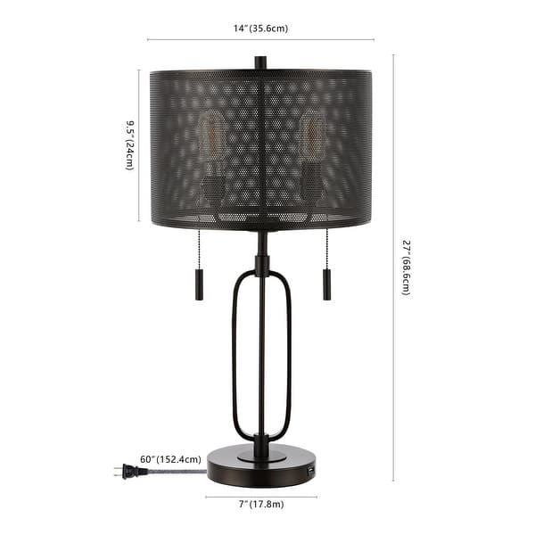 Asher 27" 2-Light Industrial Farmhouse Iron LED Table Lamp with USB Charging Port, Oil Rubbed ...